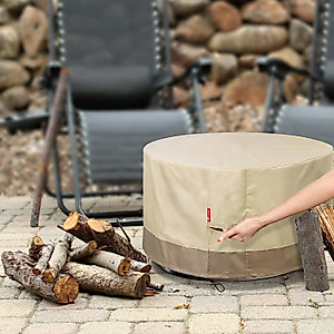 SheeChung Fire Pit Cover Round 44" D x 24" H Waterproof 600D Heavy Duty Patio Gas Fire Pit Cover Shelter Fits 40-44 Inch Outdoor Firepit Table Beige