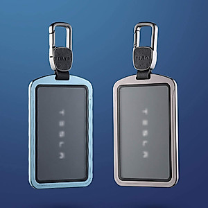 Kwak's Card Holder Compatible for TESLA Model 3 for BMW 2021 New 3 Series/X7 Aluminum Alloy Key Cover Tempered Glass Cover All-inclusive Card Protection (Light Blue, Buckle)