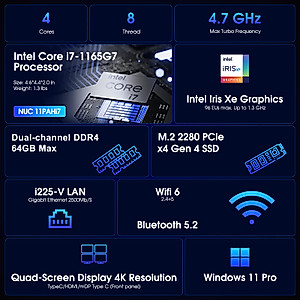 Intel NUC 11 NUC11PAHi7 Panther Canyon Mini PC, i7-1165G7, NO RAM, NO SSD, NO OS, Barebones, Mini Computers for Business Home Office, Support 8K/WiFi 6/4K Quad Display/Bluetooth 5/Thunderbolt 3