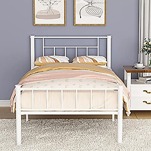 4 EVER WINNER Twin Platform Bed Frame with Headboard, Twin Bed Frames 14 Inch, Heavy Duty Steel Salt Twin Metal Bed Frames, No Box Spring Needed, Mattress Foundation, Anti-Slip (White Twin Bed)