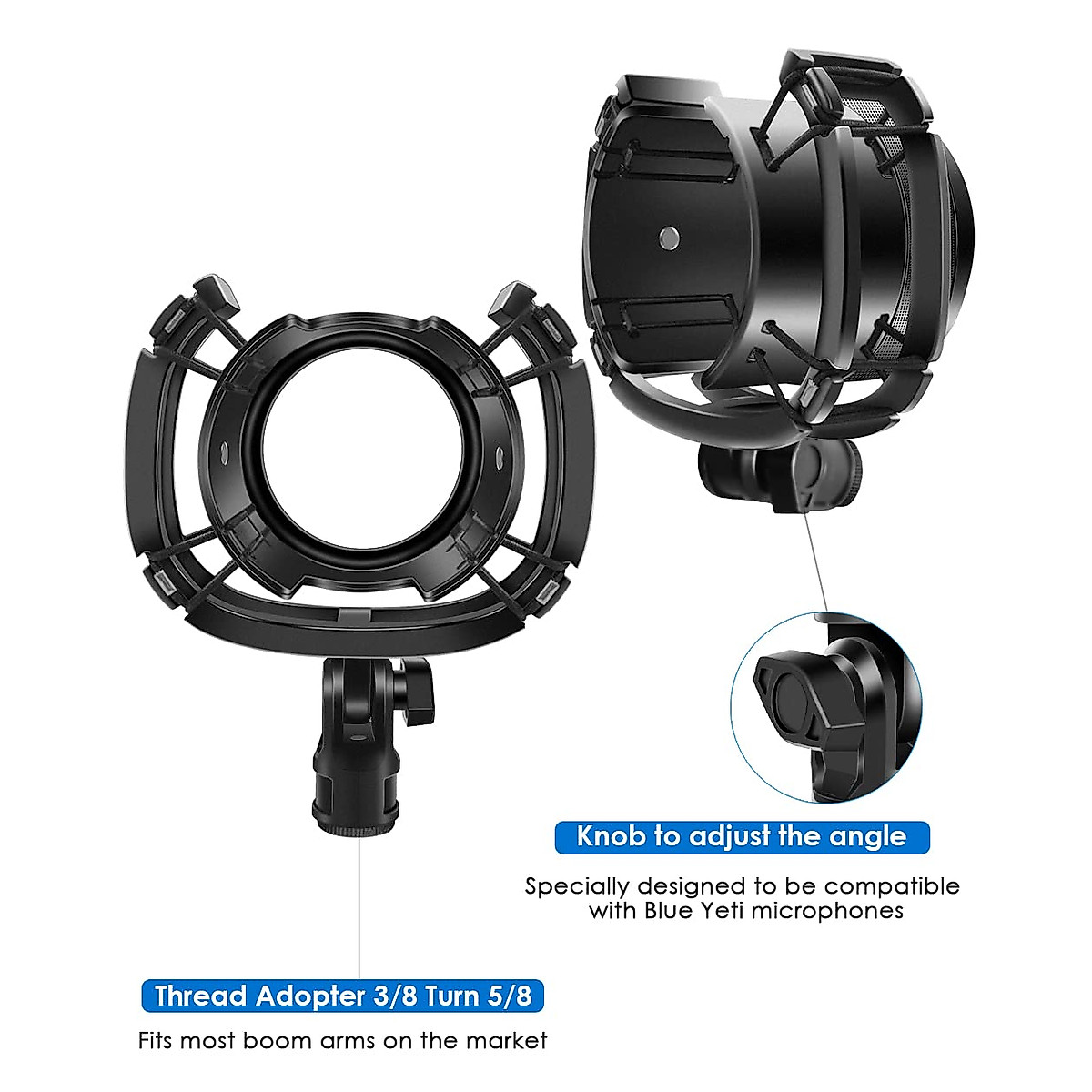 Borenbuir [Newest &Ultra-Durable] Microphone Shock Mount with Pop Filter [Custom Built for Blue yeti Mic] Anti-Vibration Suspension Shock Mount Holder Clip Compatible with Blue Yeti Microphones