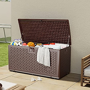 UDPATIO Deck Box Resin 73 Gallon, Outdoor Storage Box w/ Bottom Bracket and Padlock, Waterproof for Pool Supplies, Toys, Garden Tools, Cushions and Patio Furniture, Weather and UV Resistant Porch Bin, Brown