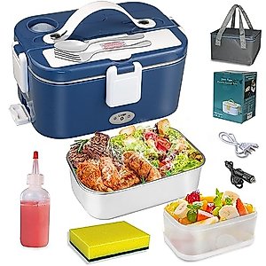 AosFero Electric Lunch Box Food Heater,80W 1.8L Large Portable Heated Lunch Boxes for Adults,12v/24v/110v Suitable for Car Truck & Office(Blue,Upgraded)