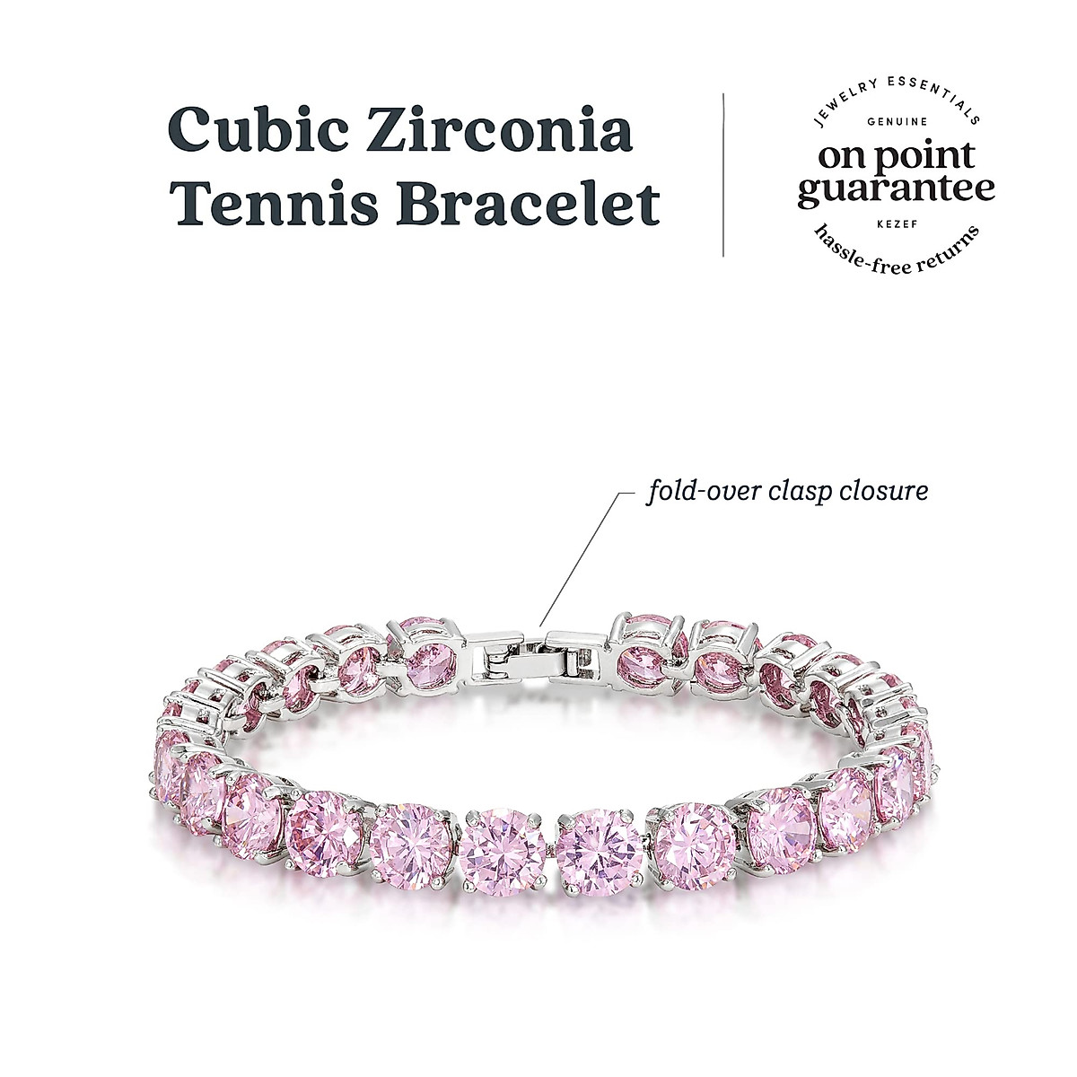 KEZEF Silver Plated Brass CZ Tennis Bracelet - Round 7mm Pink CZ -7 Inch