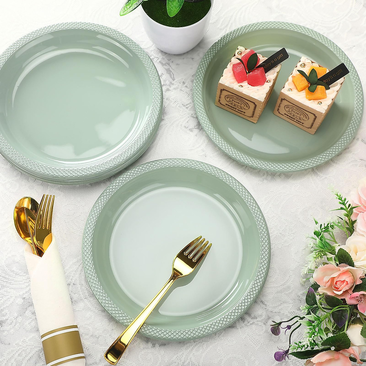 Dandat 36 Pcs Sage Green Plastic Plates 9 Inch Disposable Green Plates Sage Green Plates Round Dinner Dessert Plates for Birthday Wedding Bridal Shower Baby Shower Graduation Party