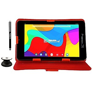 LINSAY 7" 2GB RAM 32GB Storage Android 12 Tablet with Red Leather Case, Pop Holder and Pen Stylus