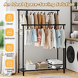 Ekisemio Double Rod Garment Rack for Hanging Clothes, Clothing Rack with Storage Shelves, Metal Multi-Functional Clothes Rack for Bedroom, Living Room, Black