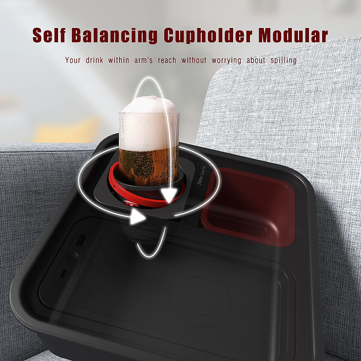 Zigtiger Cup Holder Tray, Couch Organizer with Wireless Power Bank & Snack Cup, Sofa Tray Couch Caddy Couch Arm Table, Self Balancing Console for Sofa, Bed, Car, Beach, Travel, Video Gaming, Black