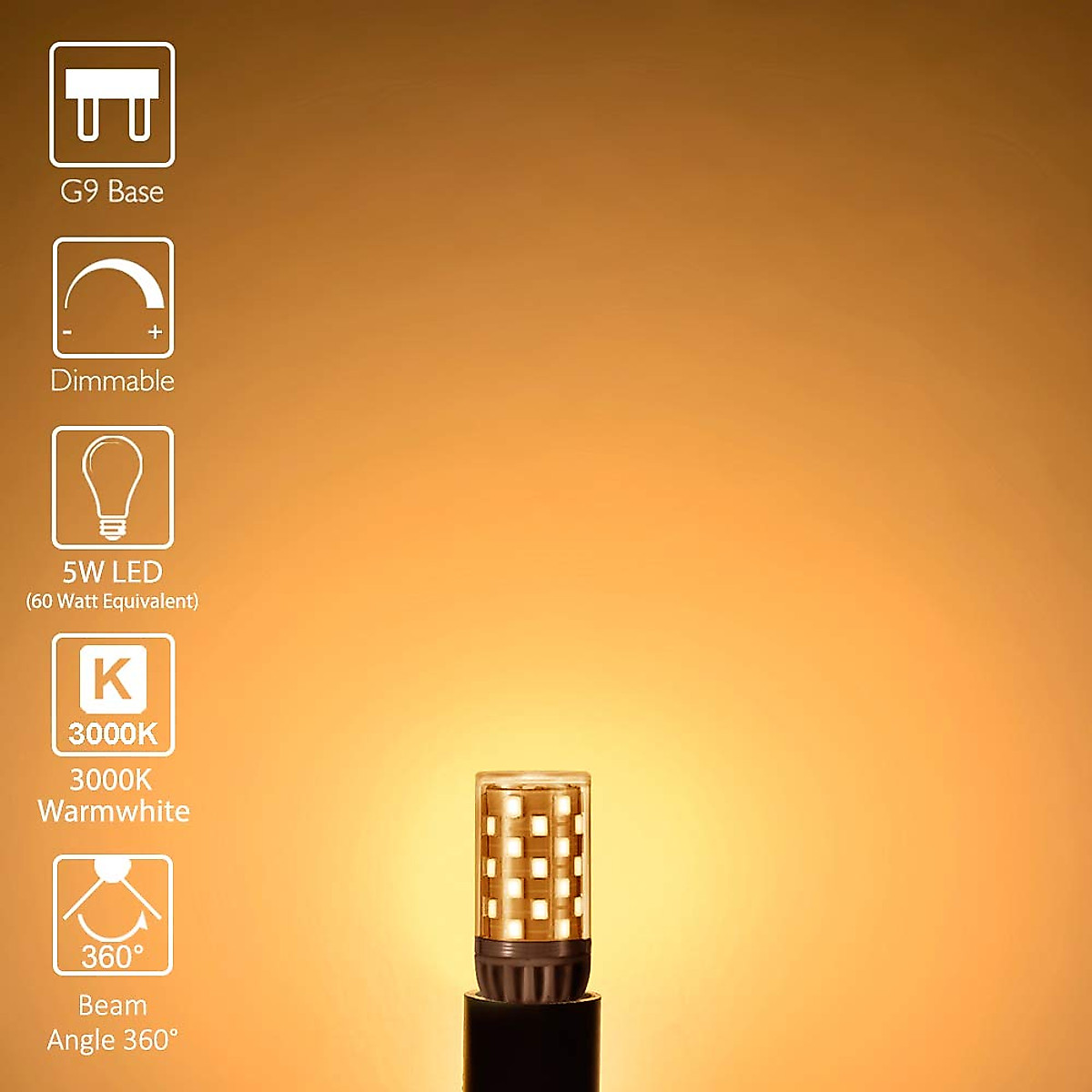 KLG G9 Dimmable LED Light Bulb 5W Warm White 3000K, 40W 60W Halogen Equivalent, G9 Bi-Pin Base Bulbs, 500LM, AC 120V for Home Lighting, Pack of 5