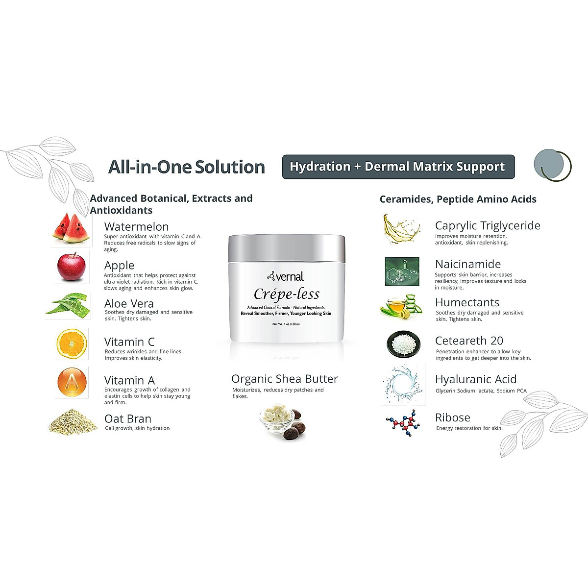 Vernal Crepe-less crepey skin firming cream to reduce crepey arms, neck & hands. Organic tightening cream to reduce thin wrinkled skin on arms, neck and body. Made in USA (4 Oz)