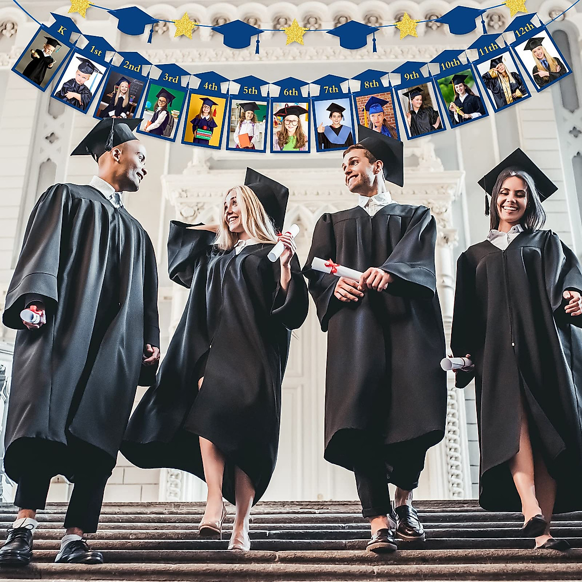 Whaline 2Pcs Graduation Photo Banner, Congrats Grad Banner, No DIY Require Hanging Bunting, Kindergarten to 12th Grade Picture Garland, Black Gold Glitter Banner for Grad Party Decor, 5 x 7 inch