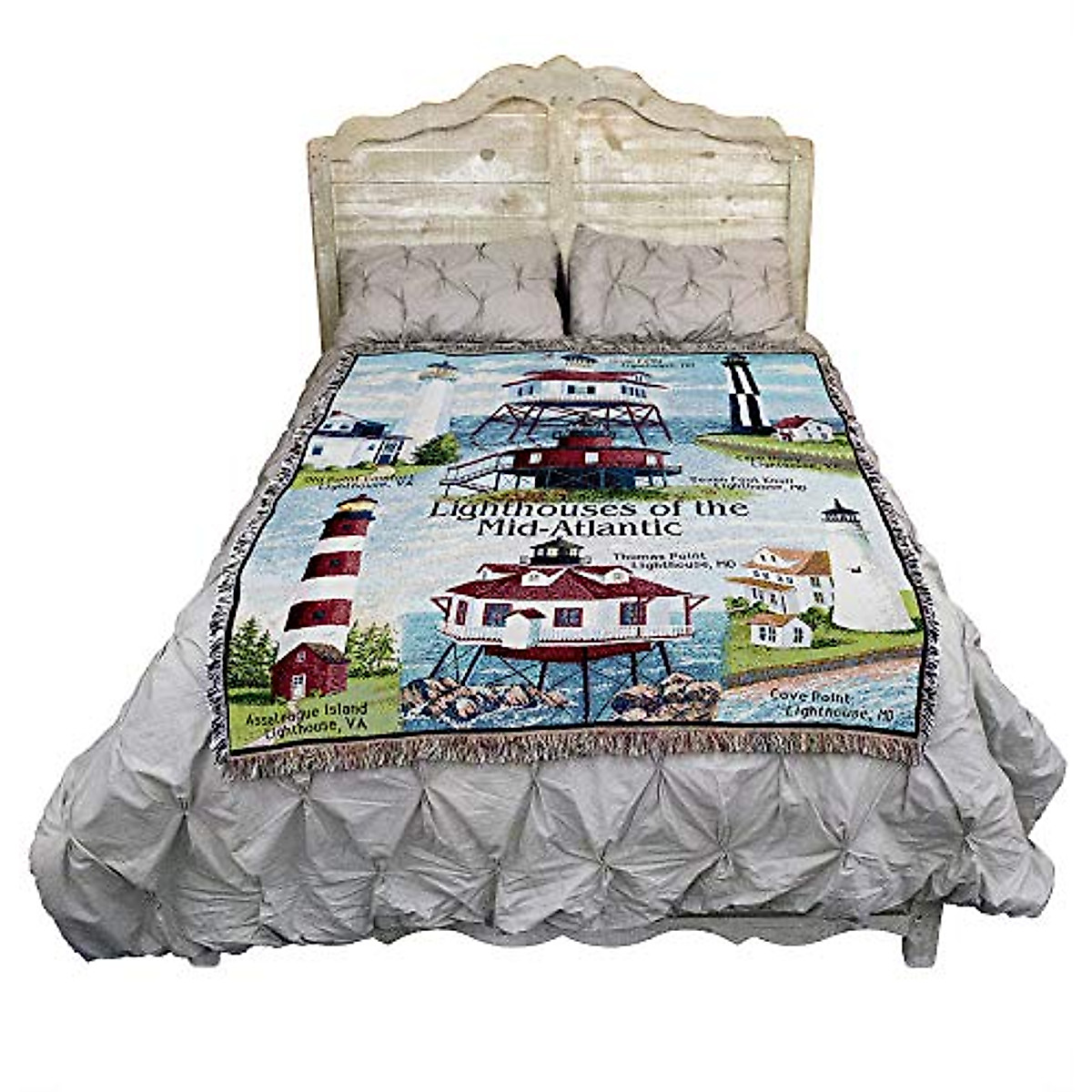 Lighthouses of the Mid-Atlantic Blanket - Old Point Drum Pt Seven Foot Cape Henry Assateague Thomas Point Cove Point - Coastal Ocean Gift Tapestry Throw Woven from Cotton - Made in the USA (72x54)
