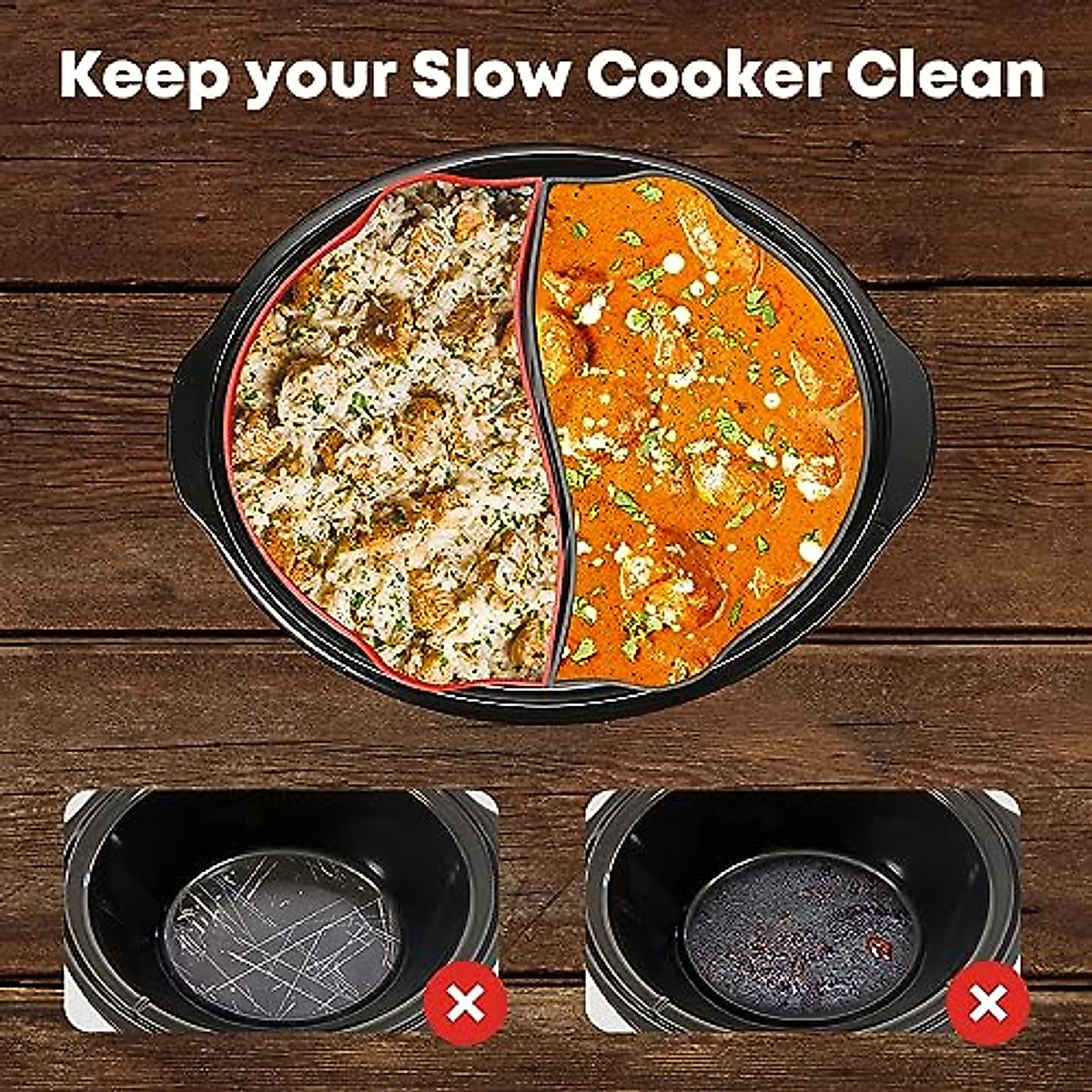 AMR 2in1 Slow Cooker Liners for 5-6 QT Crockpots, Silicone Crockpot Liner for Cooking 2 Dishes, Leak Proof & Dishwasher Safe