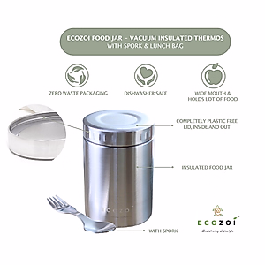 ecozoi Stainless Steel Insulated Lunch Box, Food Jar - Vacuum Insulated Thermos, 17 Oz + Spork + Lunch Bag