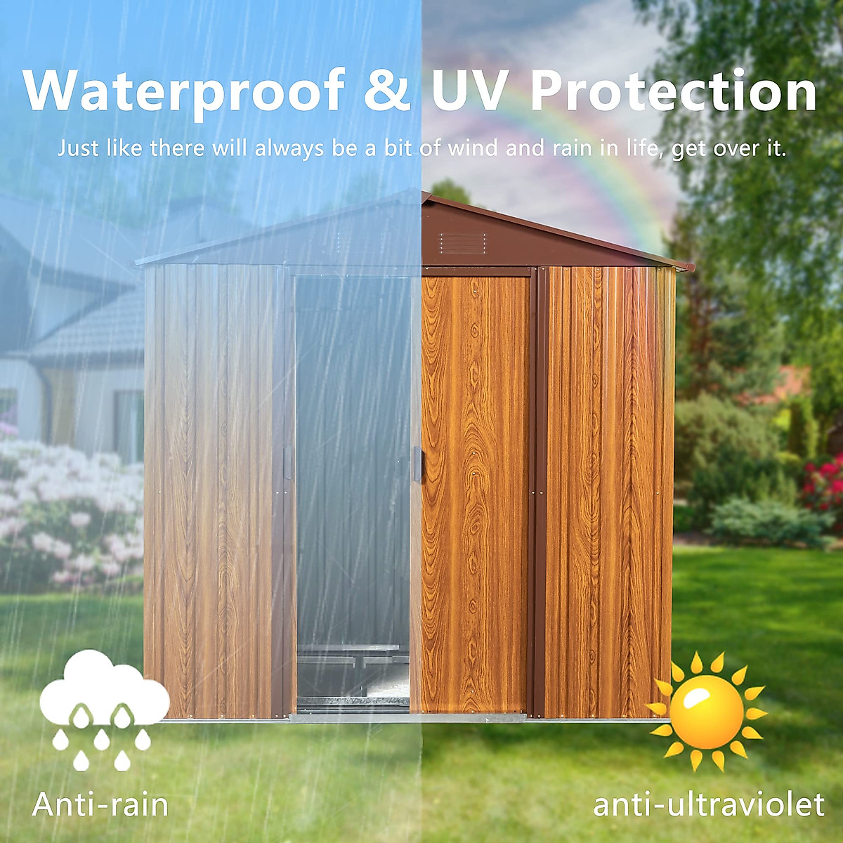 RITSU 6ft x 6ft Outdoor Metal Storage Shed with Metal Floor Base,Metal Storage Cabinet with Sliding Doors, Large Garden Shed Outdoor Utility Tool Shed with Pent Roof for Backyard Lawn, Coffee