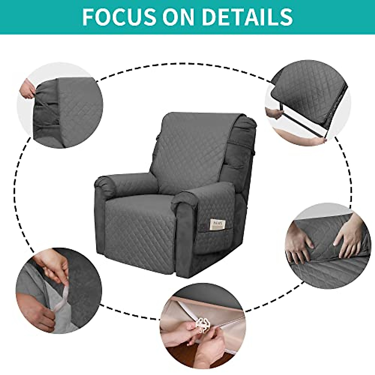 Easy-Going Waterproof Recliner Chair Sofa Cover with Pocket, 1-Piece Reversible Couch Cover for Recliner, Washable Protector with Elastic Straps for Dogs, Pets (Recliner Chair, Gray/Light Gray)