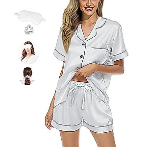 WJing Yi Jia Womens Pajama Sets Silk Satin Pajamas Set Short 2Pcs Pj Sets Button Down Pjs Set Sleepwear Loungewear