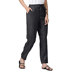 IXIMO Women's Tapered Pants 100% Linen Drawstring Back Elastic Waist Pants Trousers with Pockets Black L