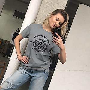 Womens Graphic T-Shirt Not All Who Wander are Lost Letters Print Compass Funny Tees for Women Summer Casual Athletic Shirts Grey