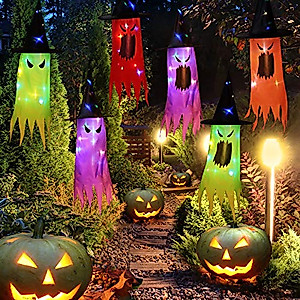 8 Pieces Halloween Decorations LED Lighted Witch Hats Lighted Glowing Ghost Hat Lights String Battery Operated for Halloween Decorations Outdoor Indoor Yard Tree Garden Party Decor