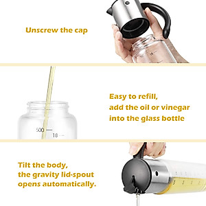 Vucchini Large Olive Oil Dispenser Bottle Kitchen Cooking Oil Dispenser Auto Flip Oil Container-Stainless Steel Leakproof Vinegar Glass Cruet (10oz and 18oz Set)