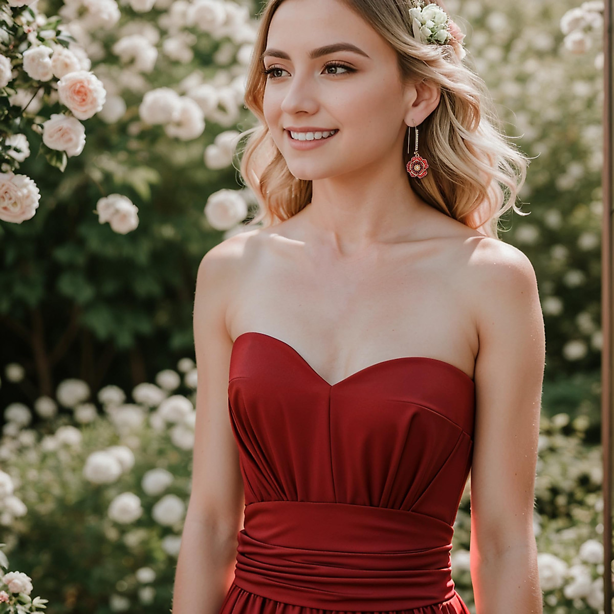 BriLove Fashion Elegant Rhinestone Enamel Rose Flower Hook Dangle Earrigns for Women Ruby Color Gold-Toned