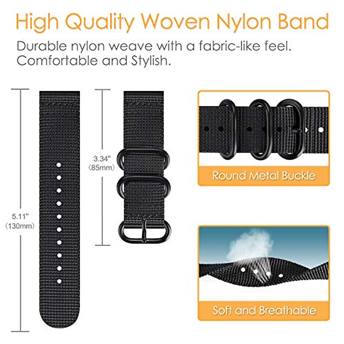 Fintie Bands Compatible with Samsung Galaxy Watch 3 45mm / Galaxy Watch 46mm / Gear S3 Classic/Frontier, Soft Woven Nylon Band 22mm Quick Release Adjustable Replacement Sport Strap, Black