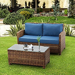 ECOTOUGE Rattan Coffee Table, Wicker Patio Tea Table, Rattan Patio Coffee Tables w/Glass Top