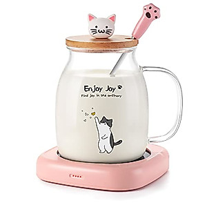 Bsigo Smart Coffee Mug Warmer & Cute Cat Glass Mug Set, Beverage Warmer for Desk Office, Cup Warmer Plate for Milk Tea Water with Two Temperature Setting(Up to 140℉/ 60℃), 8 Hour Auto Shut Off, Clear