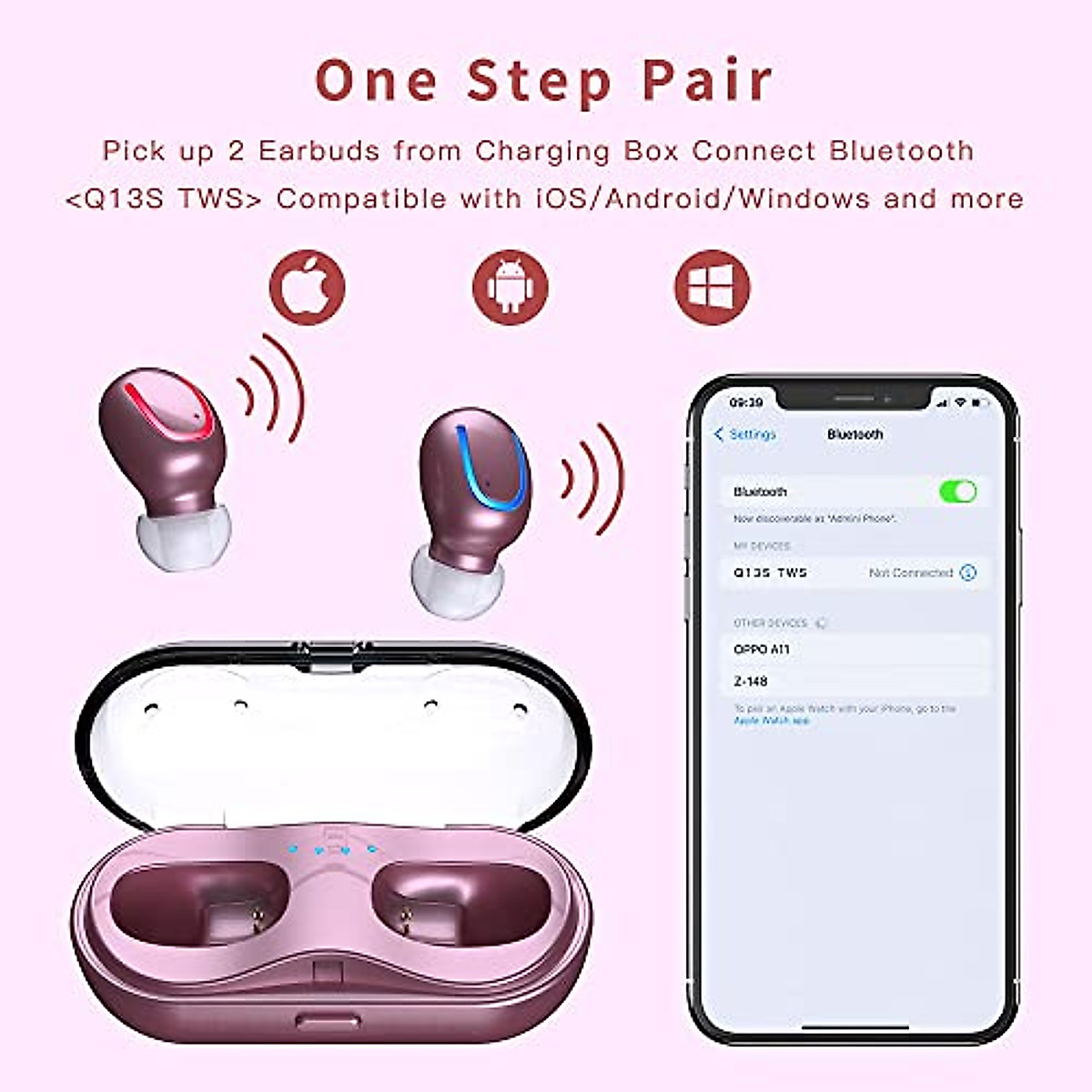 True Wireless Earbuds for Small Ears, Bluetooth Headphones 48h Playtime IPX7 Waterproof Sport Headphones in-Ear, with Mic Noise Cancelling for iPhone/Samsung/Galaxy for Men Women Rose Gold