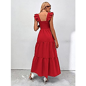 MakeMeChic Women's Summer Boho Dress Floral Print Spaghetti Strap Square Neck Shirred Maxi Dress Beach Sun Dress Solid Red L