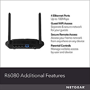 NETGEAR WiFi Router (R6080) - AC1000 Dual Band Wireless Speed (up to 1000 Mbps) | Up to 1000 sq ft Coverage & 15 devices | 4 x 10/100 Fast Ethernet ports