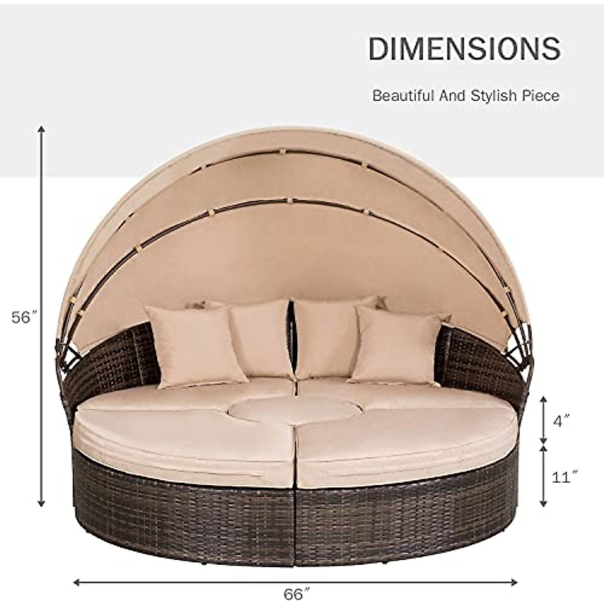 Cemeon Outdoor Round Daybed with Retractable Canopy, Brown Wicker Patio Furniture daybed Sets with Cushions for Patio, Backyard, Poolside