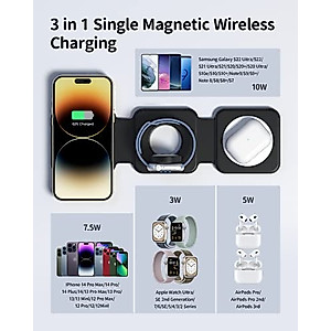 3 in 1 Foldable Wireless Charger, JoyGeek Magnetic Wireless Charging Pad, Mag-Safe Wireless Charging Station for iPhone 14/13/12/11 Series, Apple Watch, AirPods (QC 24W Adapter Included)