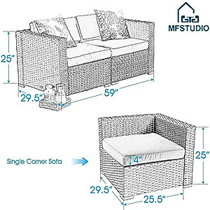MFSTUDIO 2 Pieces Patio Furniture Set,Outdoor Rattan Sectional Sofa Set,Small Patio Conversation Set with Navy Blue Cushions