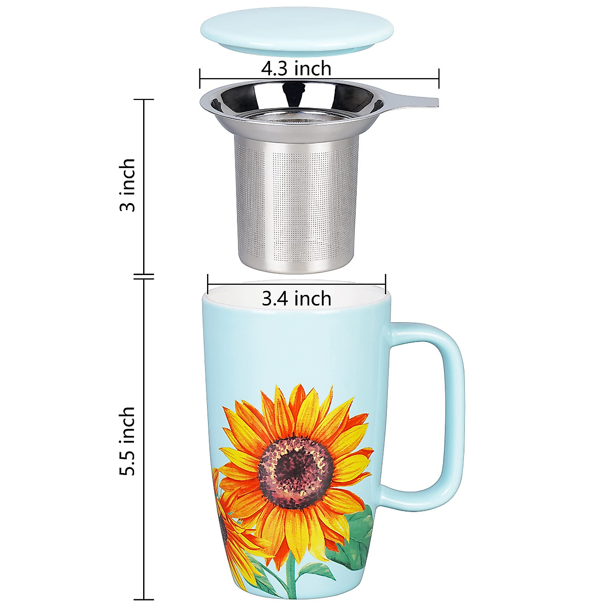 Sunddo Ceramic Tea Cup with Infuser and Lid for Loose Tea Sunflower Mug Tea Lovers Gifts for Women
