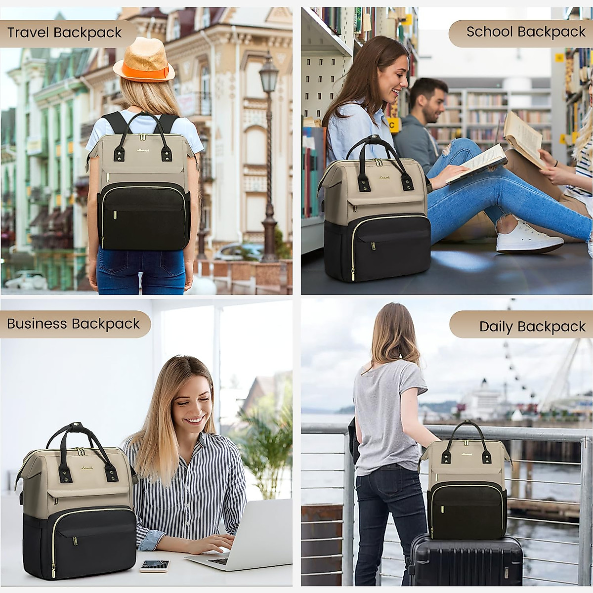 LOVEVOOK Laptop Backpack Purse for Women, Fashion Work Travel Bags, Business Computer Backpacks, Doctor Nurse Backpack with USB Port, fits 15.6-Inch Laptop, Khaki-Black