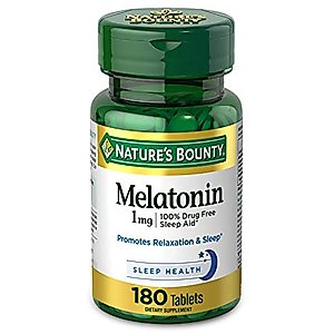Melatonin by Nature's Bounty, 100% Drug Free Sleep Aid, Dietary Supplement, Promotes Relaxation and Sleep Health, 1mg, 180 Tablets