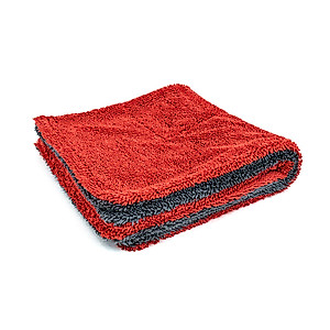 Autofiber Dreadnought Jr. Microfiber Towel, Superior Absorbency for Drying Cars, Trucks, and SUVs, Double-Twist Pile, One-Pass Vehicle-Drying Towel - Pack of 1, Red/Gray (16 inch x 16 inch)