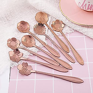 16 Pack Stainless Steel Tableware Creative Flower Coffee Spoon Sugar Spoon Tea Spoon Stir Bar Spoon Stirring Spoon, 8 Different Patterns,2 sets (Rose Gold)