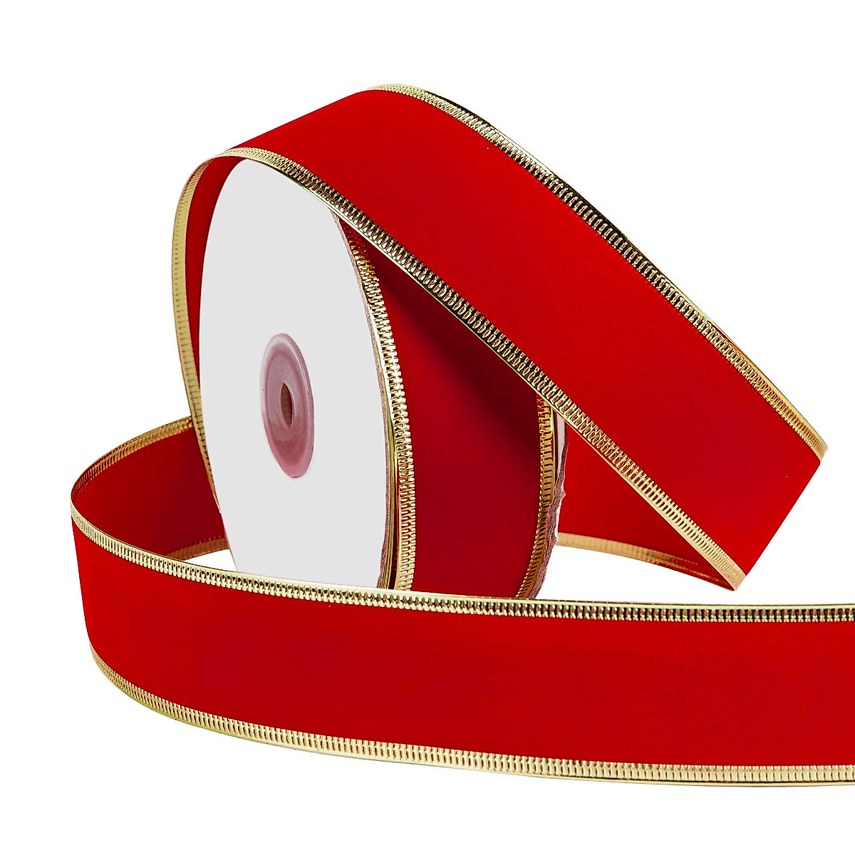 LaRibbons Wired Christmas Holiday Ribbon - Red with Gold Edges Velvet Ribbon - 1.5 inch x 25 Yard Each Roll