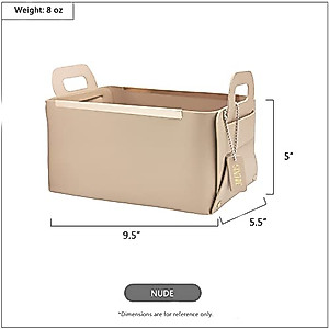 SINOWE Decorative Faux Leather Basket,Small Catchall Basket for Entryway Bedside Dresser End table,Collapsible Rectangle Tray Organizer Box (Nude)