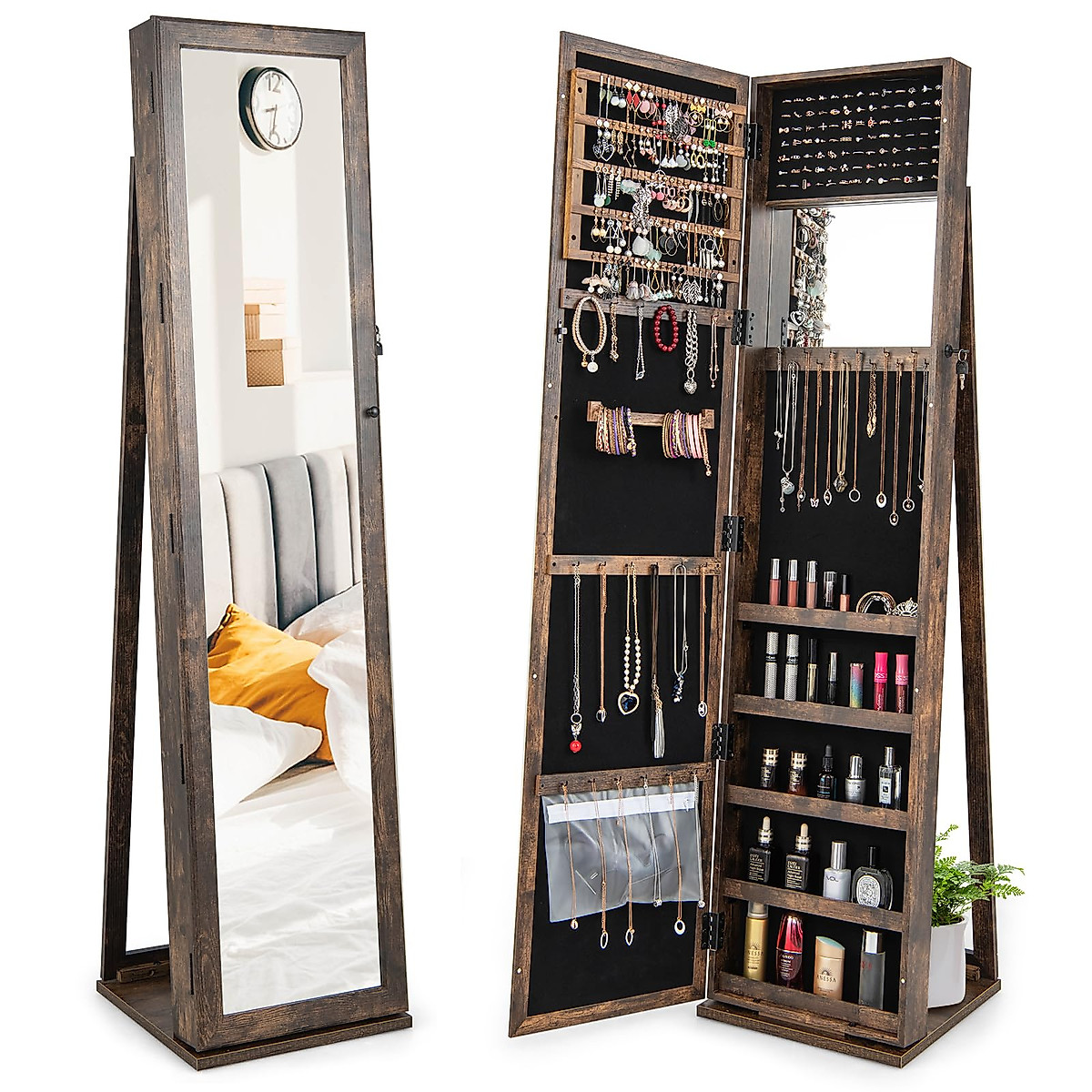 LOKO Lockable Jewelry Cabinet, Large Capacity Makeup Organizer with Full-Length Mirror, Built-in Makeup Mirror, 5 Storage Shelves, Floor Standing Jewelry Armoire for Living Room, Bedroom (Brown)