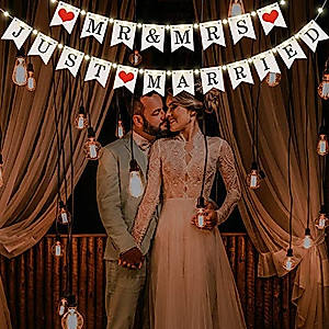 Mr and Mrs Just Married Banner, Wedding Bunting Banner with LED Fairy String Light 8 Flicker Mode, Hanging Sign Garland Pennant Photo Booth Props for Bridal Shower Wedding Engagement Car Party