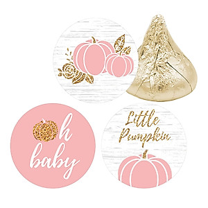 Pink Little Pumpkin Girl Baby Shower Kisses Candy Stickers, Fall Girl Baby Shower Party Favor Stickers - 180 Labels
