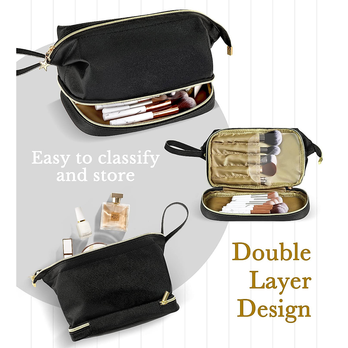 Shinowa Travel Makeup Cosmetic Bag, Portable Double Layer Cosmetic Bag, Large Leather Makeup Pouch with Wide Opening, Water-proof Toiletry Bag for Women Girls, Black