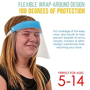 TCP Global Salon World Safety Kids Face Shields (Pack of 10) - 5 Colors, 2 of Each - Clear Protective Children's Full Face Shields to Protect Eyes, Nose, Mouth - Anti-Fog PET Plastic, Elastic Headband