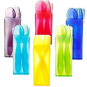 Youngever 6 Pack Plastic Toddler Utensils with Case, Plastic Kids Forks Kids Spoons, Large Size, Top Dishwasher Safe, Set of 6 in 6 Rainbow Colors