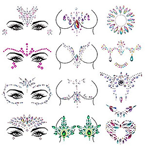 Duufin 12 Sets Face Jewels Sticker Body Gems Mermaid Face Gems Belly Crystal Tears Gems Rhinstone Face Jewel for Rave Festival Party