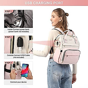 LOVEVOOK Laptop Backpack Purse for Women, 17 Inch Computer Business Stylish Backpacks, Doctor Nurse Bags for Work, Casual Daypack Backpack with USB Port, Pink-White